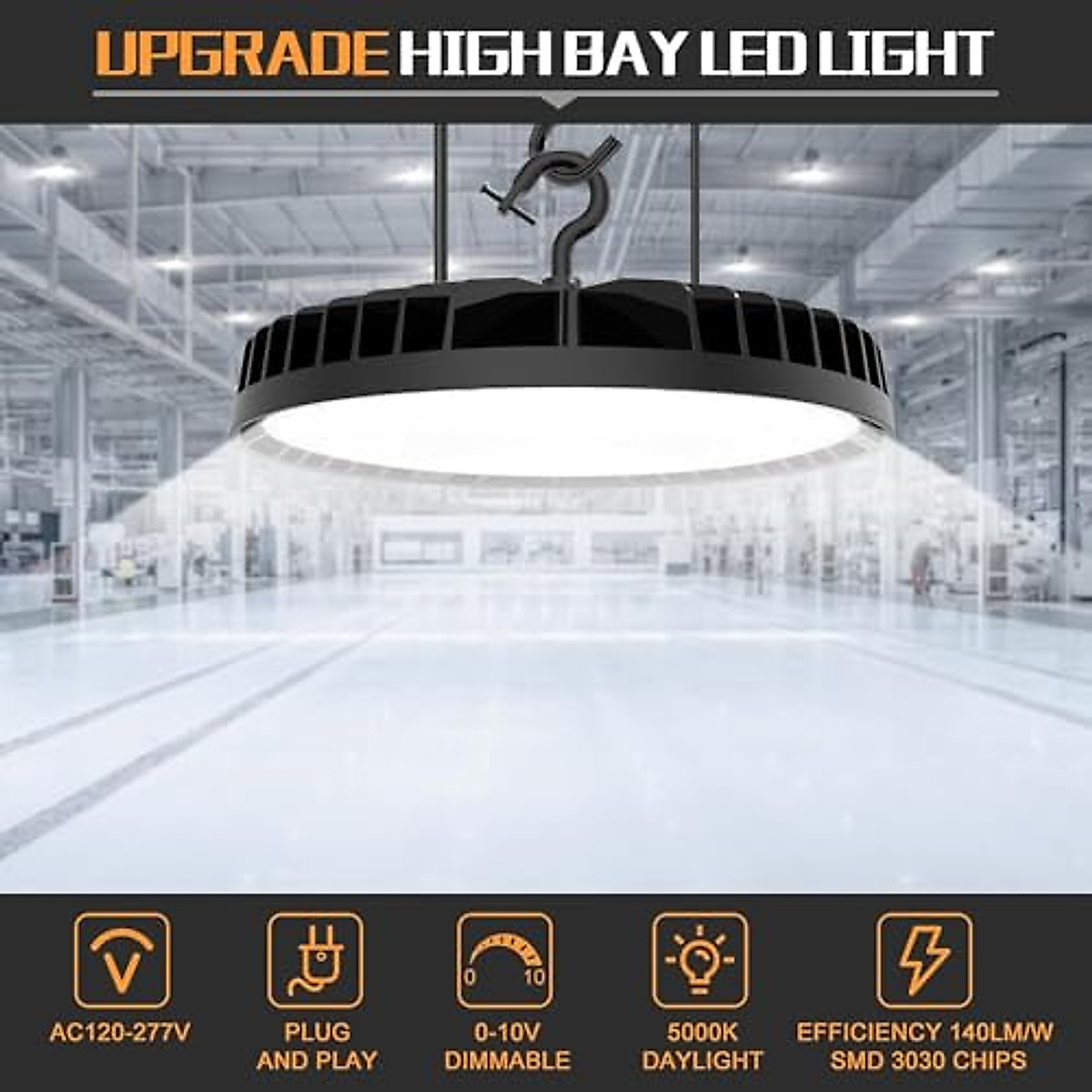 10Pack High Bay LED Lights 240W 33,600LM 5000K 140LM/W, Plug-n-Play High Bay LED Shop Lights, UFO LED Warehouse Lights, 0-10V Dimmable Commercial LED Lights for Warehouse Workshop Factory AC100-277V