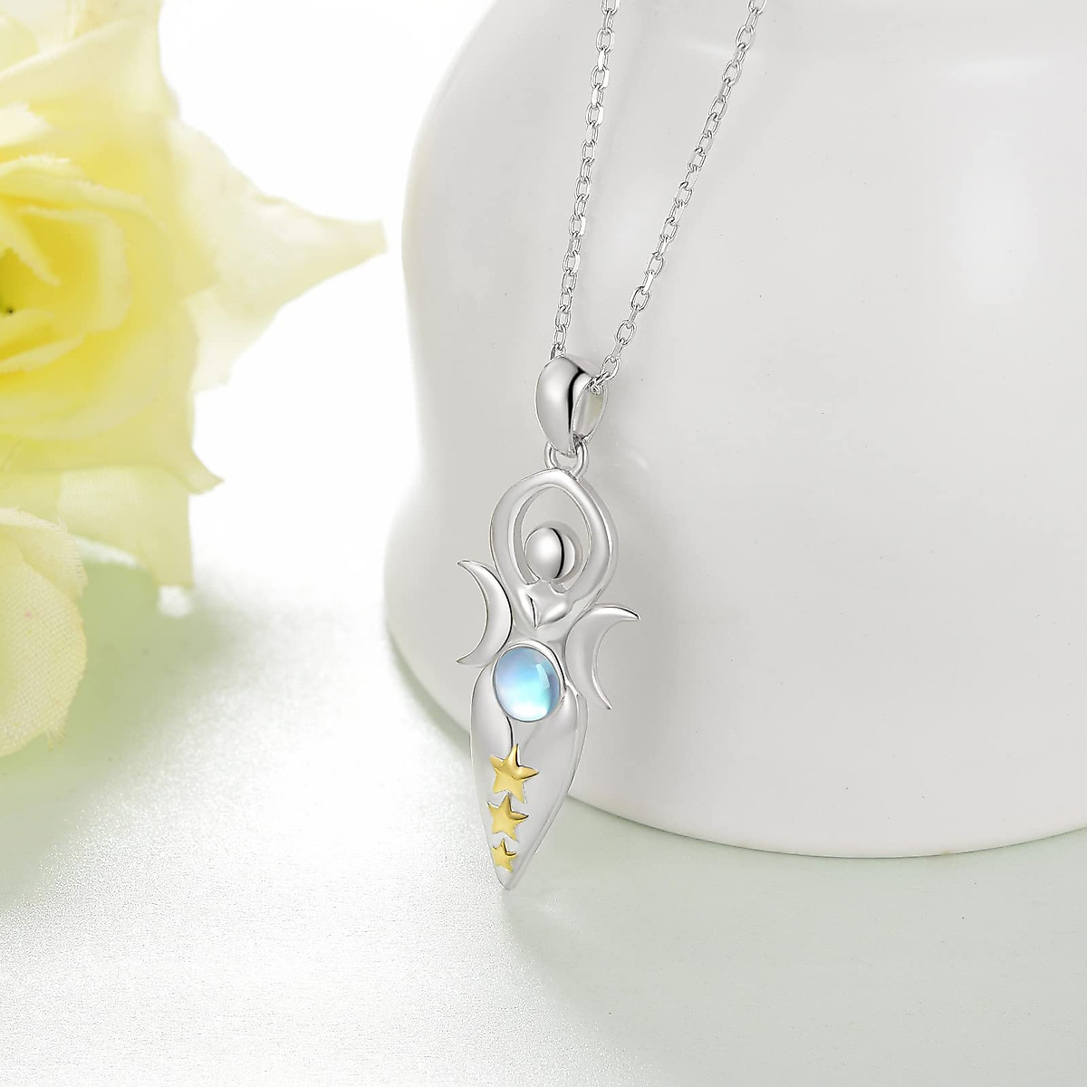 CVRAVO Triple Moon Goddess Necklace Sterling Silver Moonstone Moon Pendant Necklace Pagan Wiccan Magic Amulet Jewelry Gifts For Women