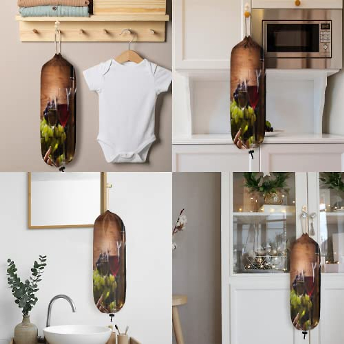 Red Wine Glasses Plastic Bag Holder Organizer Wall Mount,Grapes Large Grocery Bag Storage Dispenser Garbage Shopping Trash Bag Holder with Drawstring for Home Kitchen Pantry Decor 22×9 Inch