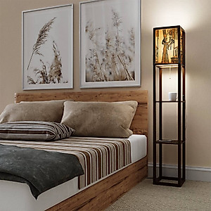 CVNWGKOMQP Ancient Egyptian Papyrus Stock Illustration Floor Lamp with Shelves Tall Standing Lamp Wood Standing Light Linen Shade Bedside Lamp for Living Room Bedroom Modern Home Decor