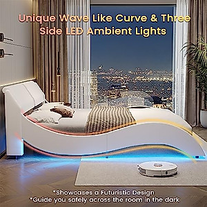 DICTAC King Size Bed Frame with LED Lights Modern King Led Bed Frame with Upholstered Headboard Faux Leather Low Profile Platform Bed Frame Wave Like Curve Bed Frame,No Box Spring Needed,White