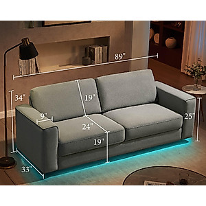 VanAcc Modern Sofa, 89 inch 3 Seater Sofa with LED Light, Floating Sofa Couch for Living Room, Linen Grey Oversized Couch