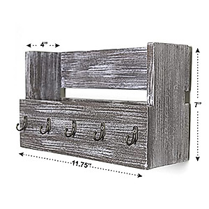 WRIGHTMART Wall Mounted Rustic Wooden Organizer Key & Mail Holder, Includes Command Hooks for Hanging Keys, Space for Phone, Wallet, Purse, Jewelry - Home Décor, Handmade, Whitewash Finish