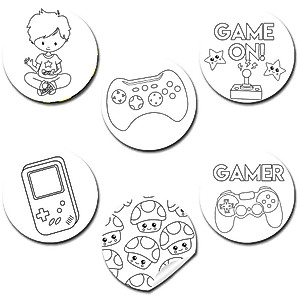 Color Your Own Game On! Video Game Themed Birthday Party Favor Sticker Labels, 90 1.5" Party Circle Stickers by AmandaCreation, for Arts & Crafts, Envelope Seals, Goodie Bags & Treats