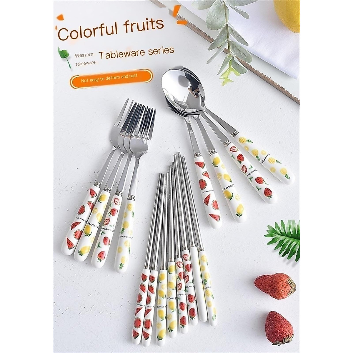SENIDIKE Silverware Set, Ceramic Handle Dinnerware Set Flatware Kitchen Accessories Camping Travel Sets Fork Spoon Portable Cutlery Sets with Case, Lemon Strawberry Watermelon Pineapple Fruit series