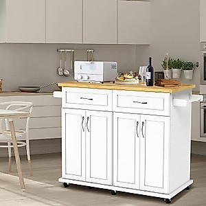 Pliwier Kitchen Island Cart on Wheels with Cabinet, Rubberwood Countertop, Lockable Casters, Adjustable Shelves, Kitchen Storage Islands for Dining Room, L48xW18xH36 Inches, Easy Assembly