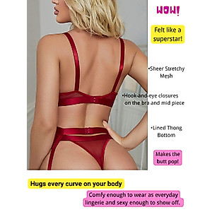 Kaei&Shi Garter Belt Thong Lingerie for Women,Strappy Hollow Out Sexy Lingerie,Underwire Mesh Sheer Matching 4 Piece Lingerie Set Valentine Day Burgundy Medium