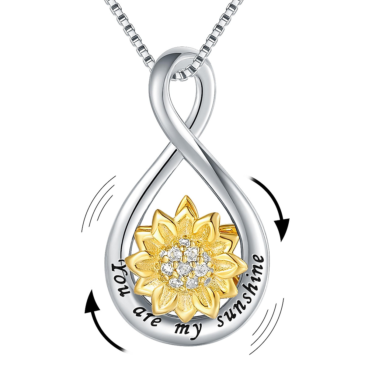You are My Sunshine Necklace Sunflower Jewelry for Women - 925 Sterling Silver Infinity Spinner Sun Flower CZ Pendant Necklace Birthday Mother's Day Gifts for Couples Mother Daughter Chain 18"+2"