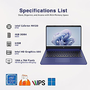 HP 2022 Stream 14" HD BrightView Laptop, Intel Celeron N4000, 4GB RAM, 64GB SSD, Intel HD Graphics, 720p Webcam, 1 Year Office 365, Blue, Win 11 S, 128GB Snowbell USB Card