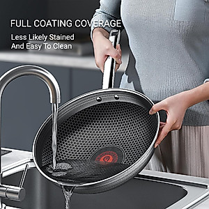 KBH KGH-C32A Nonstick Frying Pan with Lid, Honeycomb Stainless Steel Wok, Suitable for All Cooktops, 32 CM(12.6 INCH)