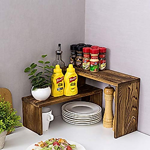 MyGift Kitchen Corner Storage Shelf, Rustic Burnt Solid Wood Countertop Storage Display Shelf, Dorm Desk Bathroom Office Adjustable Shelf Organizer, 2 Piece Set