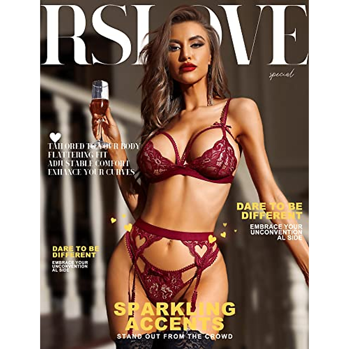 RSLOVE Women Lingerie Set Plus Size Lingerie for Women Lace Teddy Strap Babydoll Bodysuit with Garter Belts Wine Red S