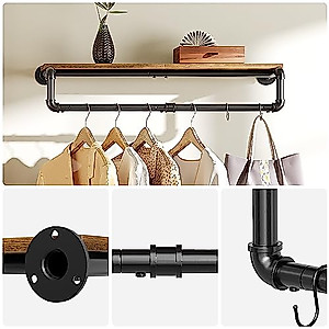 YATINEY Pipe Clothes Rack, 31.5 in Wall Mounted Garment Rack with Top Shelf, Industrial Clothing Rack, Heavy Duty Detachable, Space Saver Hanging Clothes Rack, Rustic Brown FS08BR