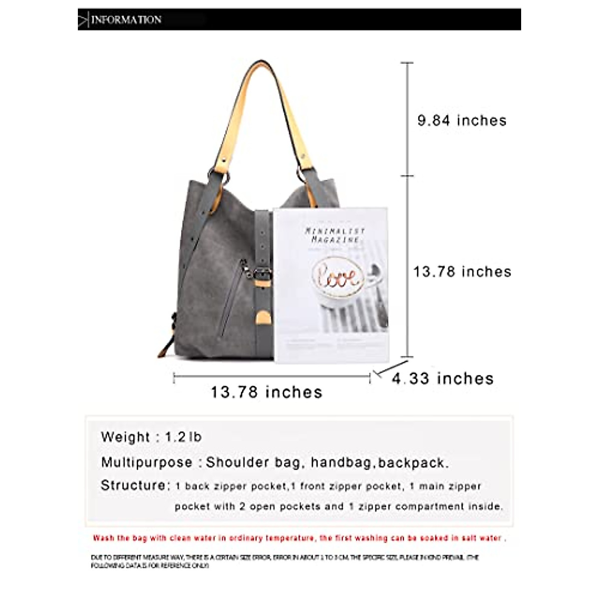 Eamom Tote Bag for Women Aesthetic Convertible Backpack Canvas Shoulder Bag School Tote Bag (Gray)