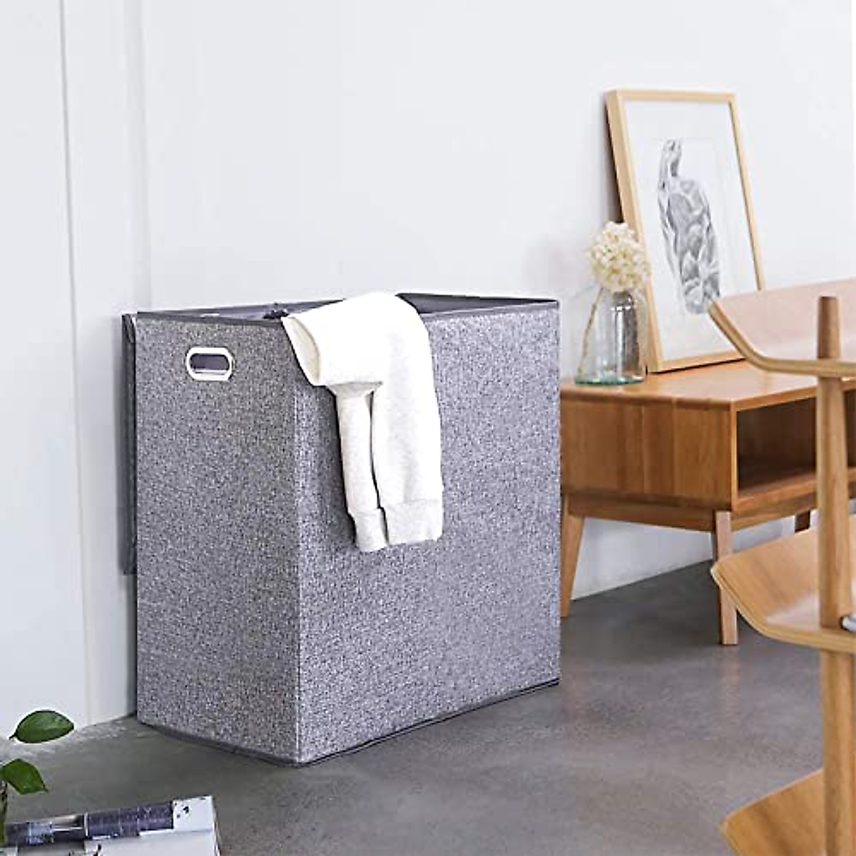SUPERJARE Double Laundry Hamper with 2 Removable Liner Bags, 150 L Large Laundry Basket with Magnetic Lid, Collapsible Clothes Hamper with Easy Carry Built-in Handles, 2 Section, Linen Gray