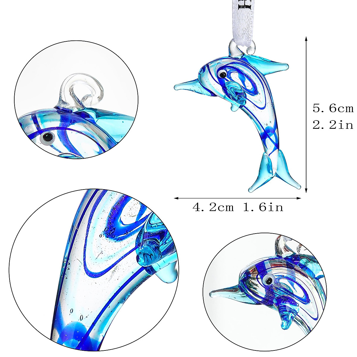 2'' Decorative Hanging Glass Dolphin Ornament,Glass Blown Mini Blue Dolphin Figurine Art Glass Christmas Ornament
