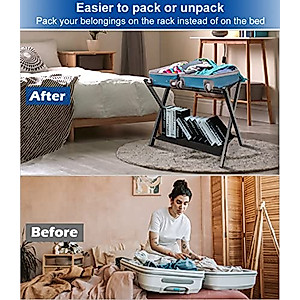 Queension Folding Luggage Rack Stand with Shelf for Guest Room, Foldable Metal Suitcase Storage Caddy Holder for Bedroom Hotel Essentials, Black, 1pack