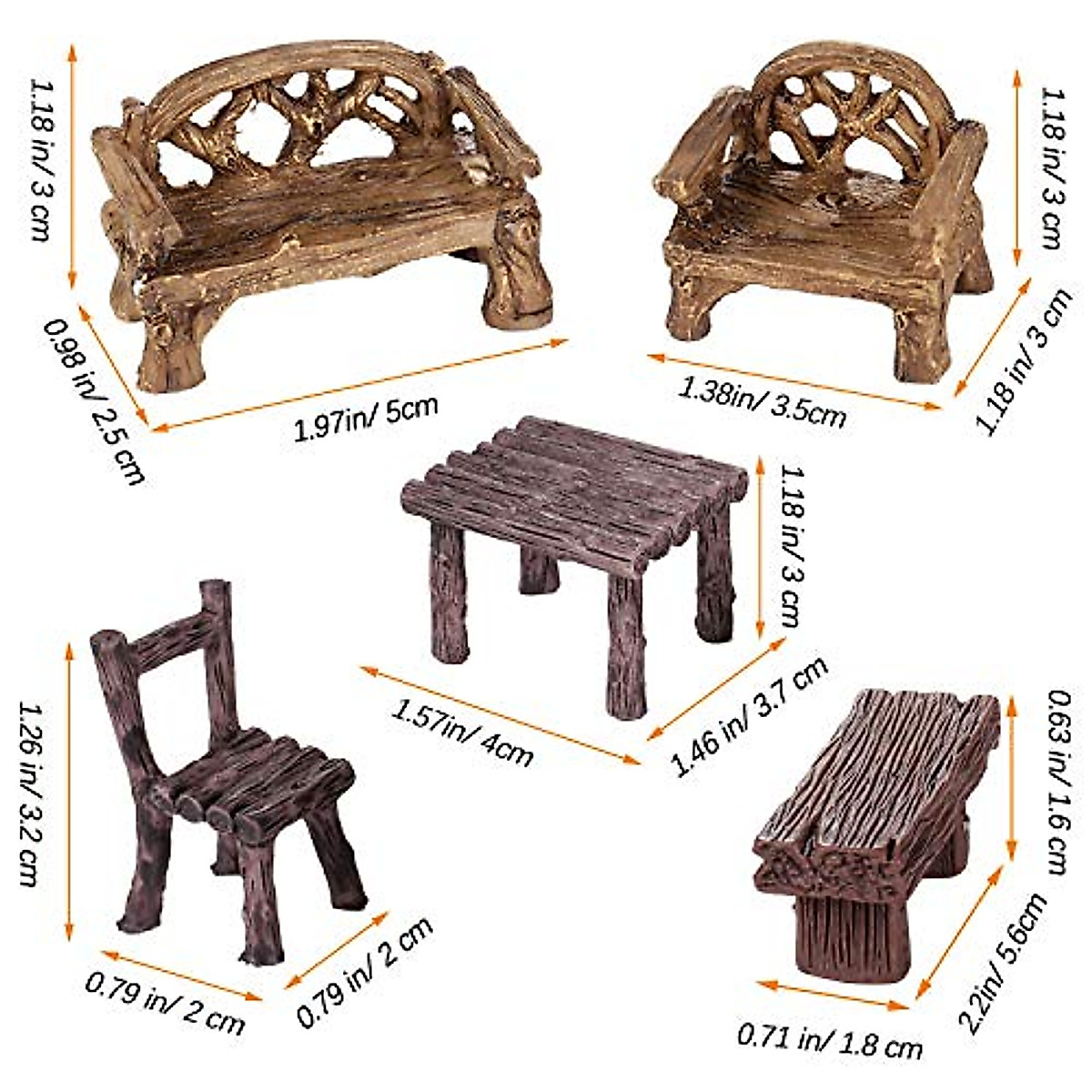 12 Pieces Fairy Garden Furniture Ornaments Miniature Table and Chairs Set Fairy Village Micro Resin Bench Chair for Dollhouse Accessories Home Micro Landscape Decoration (Vintage Style)
