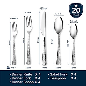 KINGSTONE Hammered Silverware Set, Flatware Set, 18/10 Stainless Steel Premium Cutlery with Unique Ripple Handles Design Mirror Polished - Dishwasher Safe (20-Piece)
