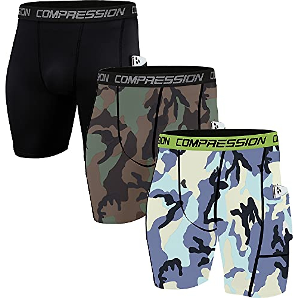 Holure Men's 3 Pack Sport Compression Shorts Compression Underwear,Black/Camo Blue/Camo Green 11-M