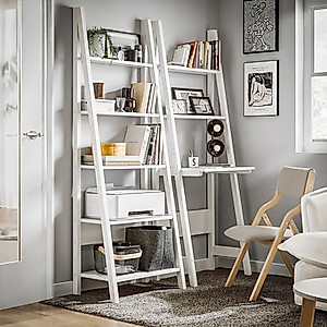 Haotian Ladder Shelf Desk Freestanding Bookshelf Space Saving Workstation Dresser Shelf Leaning Computer Desk with Shelves for Small Space, White FRG60-W
