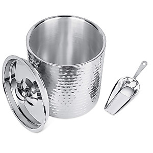 BirdRock Home Ice Bucket with Scoop & Lid - 2.8 Liter Hammered 18/8 Stainless Steel Container for Bar - Double Wall Insulated Bucket with Carrying Handle - Great for Parties - (Silver)