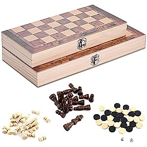 3 in 1 Wooden Chess Set, Folding Board Chess International Checkers Portable Chessboard Game Board Set (29*29cm)