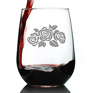 Roses Stemless Wine Glass - Floral Themed Decor and Gifts for Flower Lovers - Large 17 Oz Glasses