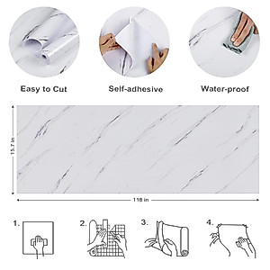 LXCREAT Glossy Gray White Marble Contact Paper, Granite Marble Wallpaper Peel and Stick Countertops, 15.7" x 118" Self Adhesive Removable Vinyl Wallpaper for Kitchen Beadboard Decoration