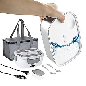JIEGELIN Electric Lunch box food heater 2-in-1,12V/24V/110V/220V portable heating lunch box for cars and homes,stainless steel container fork and Spoon and portable bag (Grey)