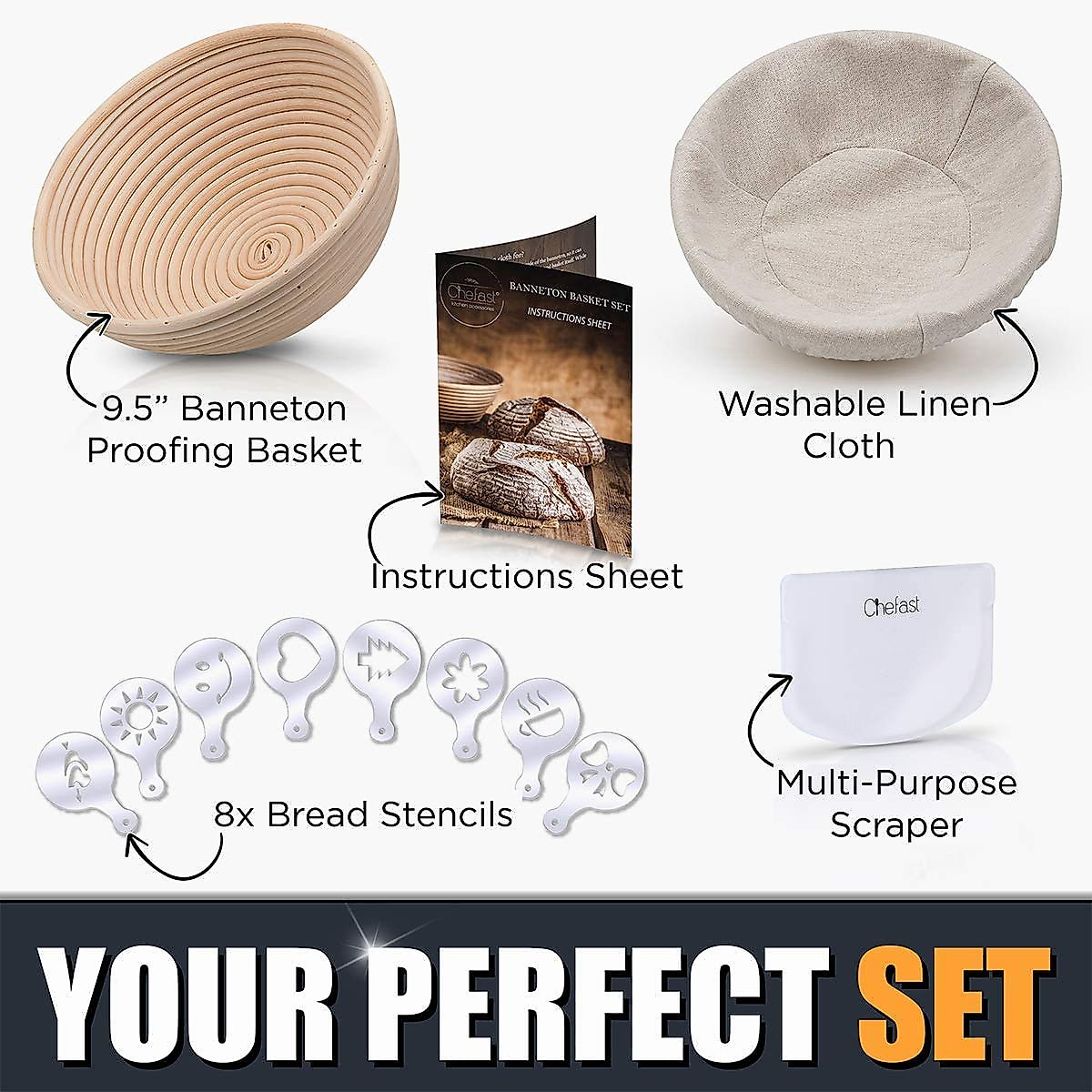 Sourdough Starter Kit - 8.5" Proofing Baskets for Sourdough Bread Baking Supplies 14 Bread Stencils for Sourdough Scraper Proofing Cloth for Bread Baking Gifts Proofing Basket Bread Making Kit