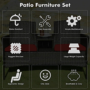 RELAX4LIFE Conversation Furniture Set with Table and Two Removable Cushions Rattan Wicker Chairs and Table Set for Patio,Garden, Baloney and Lawn Outdoor Porch Furniture Sets Loveseat (Brown+Red)