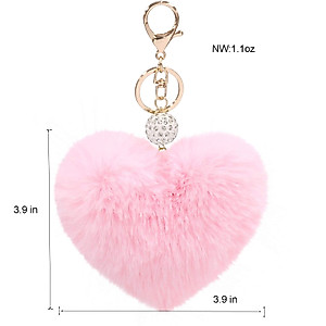 Women's Heart Faux Fur Pom Pom Key Chains Bag Accessory Puffball Keyring Backpack Charms for Girls(pink)