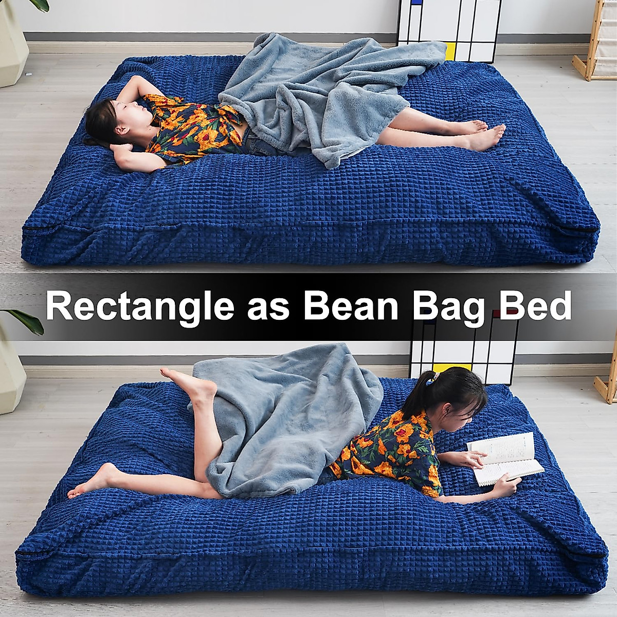 N&V Bean Bag Chair/Bed Transformable Giant with Washable Plush Velvet (Blue, Full)