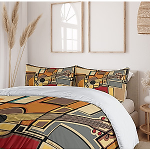 Ambesonne Music Duvet Cover Set, Funky Fractal Geometric Square Shaped Background Acoustic Guitar Art, Decorative 3 Piece Bedding Set with 2 Pillow Shams, King Size, Pale Yellow