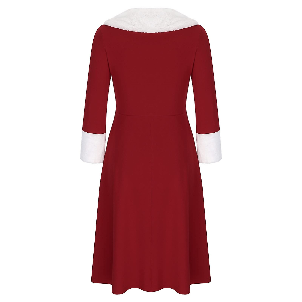 Womens Christmas Midi Dresses Long Sleeve Fur Trim Dresses Mrs Santa Costume Fancy Cosplay Outfits Party Dress Red