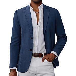 Men's Casual Knit Denim Suit Blazer Jackets Breathable Stretch Notch Lapel Collar Business Work Sports Coats Two Button