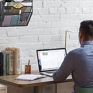 COSYAWN 3 Tier Wall File Organizer Hanging paper Folder, Metal Wall Mount File Holder with Label Panel, Black