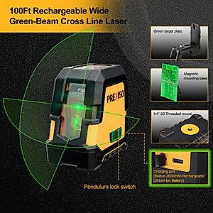 PREXISO Laser Level Self Leveling - 100Ft Rechargeable Cross Line Laser, Green Line leveler Tool for Construction, Floor Tile, Home Renovation with Magnetic Pivoting Base, Target Plate & Portable Bag