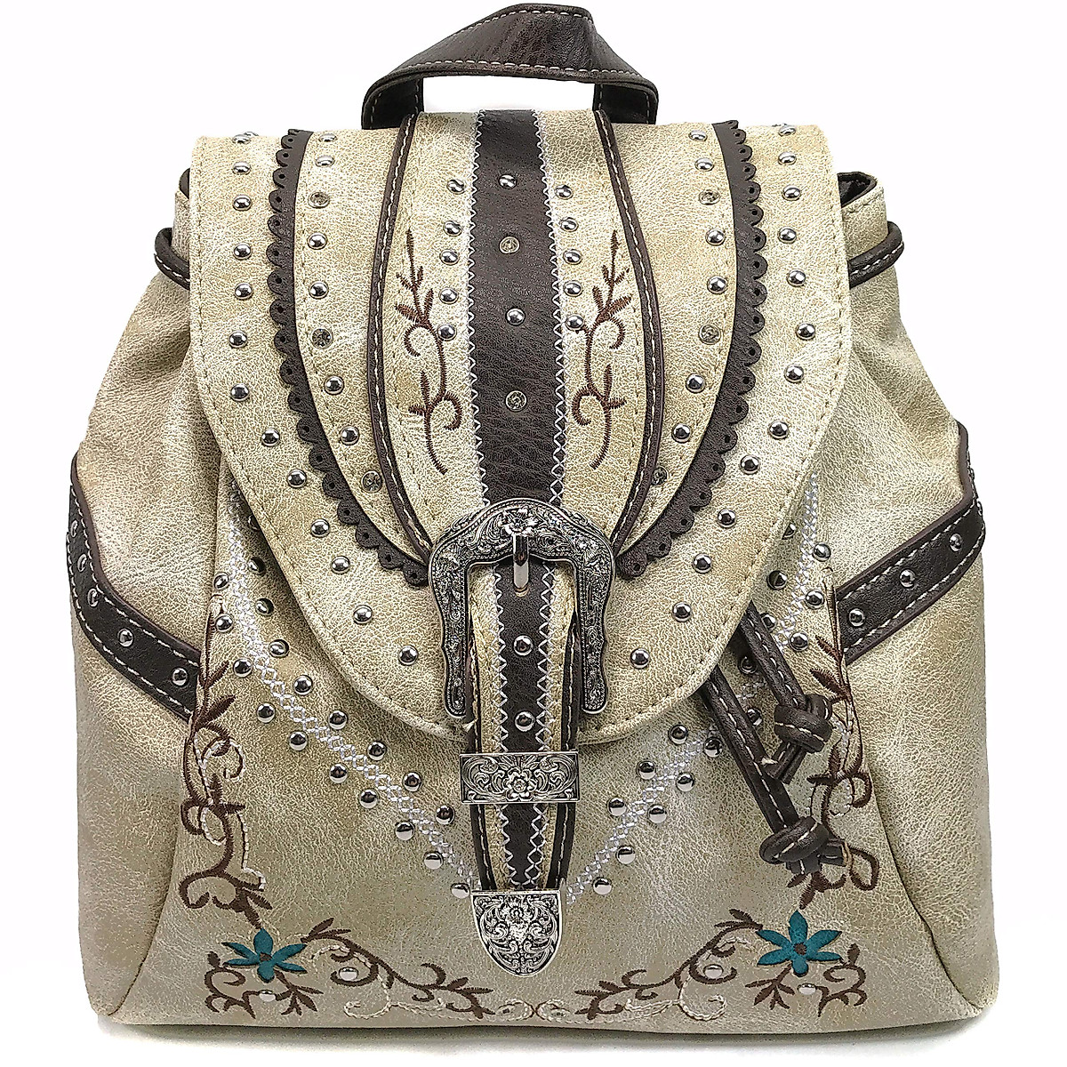 Zelris Western Women Buckle Drawstring Conceal Carry Mini Backpack Rucksack with Floral Embroidery (Beige)