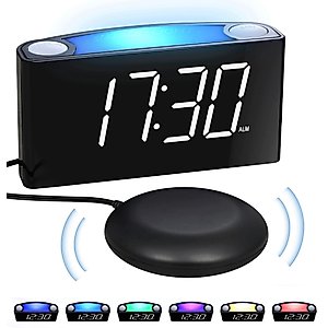 Mesqool Loud Alarm Clock for Heavy Sleepers and The Hearing Impaired - with Bed Shaker, 2 USB Chargers, 7-Color Nightlight, Large LED Display, Dimmer, Snooze, 12/24H DST and Plug-in Battery Backup