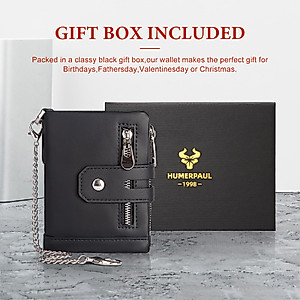 gzcz Mens Wallet with Chain RFID Blocking Genuine Leather Bifold Purse for Men with ID Window and Zip Coin Pocket, Black