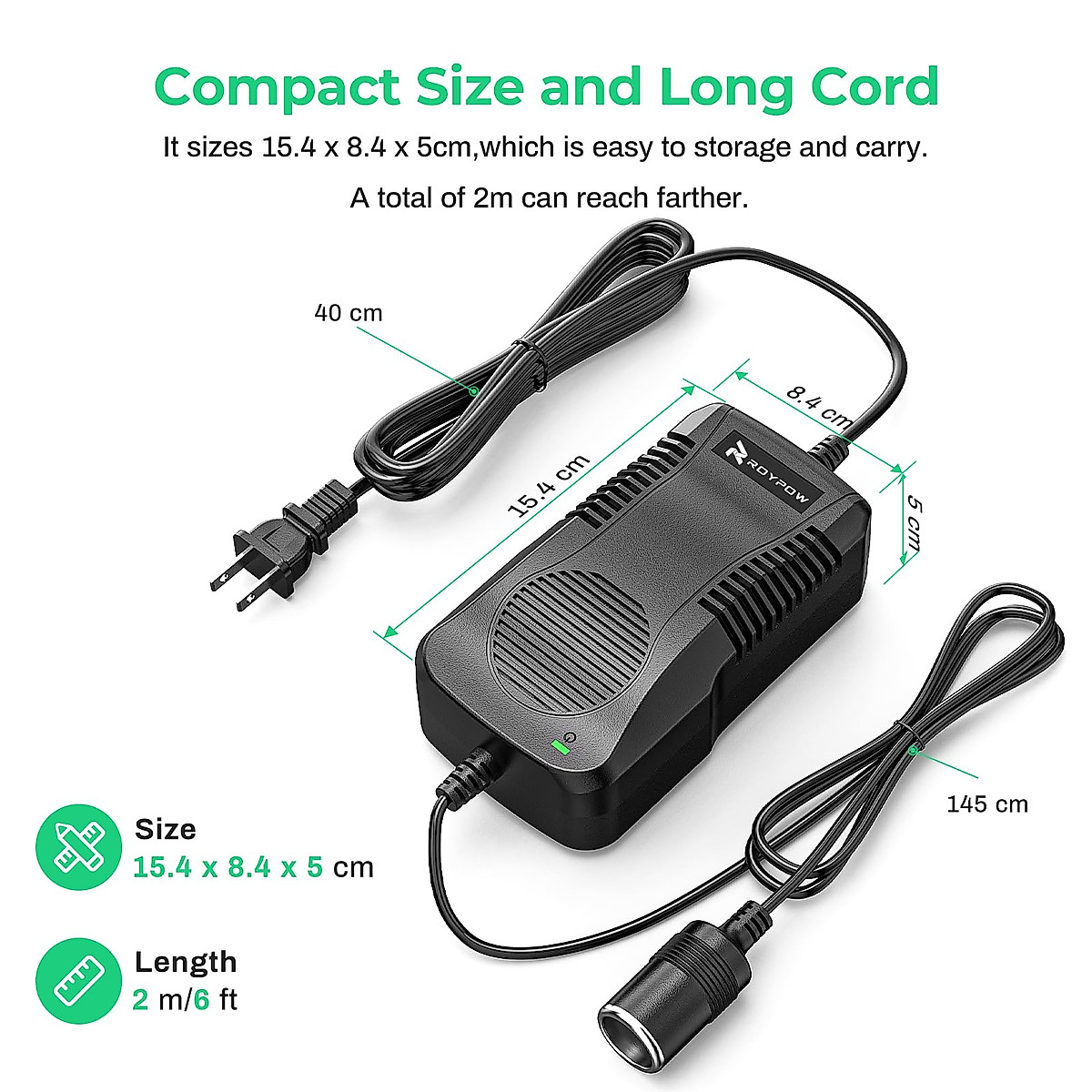 AC to DC Converter, RoyPow 180W (Max 200W) 15A 100V~120V to 12V Car Cigarette Lighter Socket AC/DC Power Supply Adapter Transformer for Inflator, Car Refrigerator