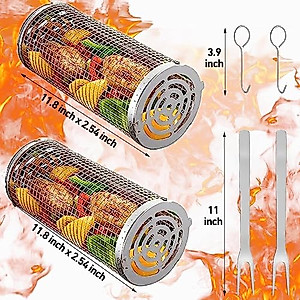 Grill Basket 2 PCS Rolling Grilling Baskets for Outdoor Grilling,Bbq Grill Grilling Basket Cylinder.Barbeque Stainless Steel Accessories for Fish, Shrimp, Meat, Vegetables, Fries (11.8 inch*2)