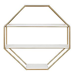 Kate and Laurel Lintz Glam Octagon Wall Shelf, 24 x 24, White and Gold, Modern 4-Tier Geometric Shelves for Wall