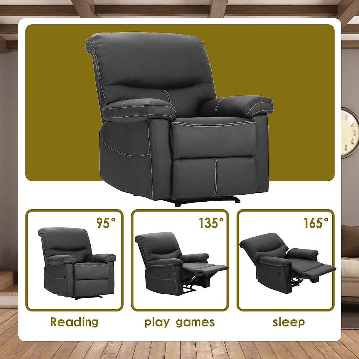 FDW PU Leather Sofa Recliner Couch Recliner Sofa Manual Reclining Sofa for Living Room Black