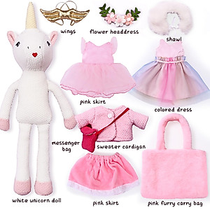 Unicorn Doll Stuffed Animal Toys for Girls - Ballerina Doll | Plush Carrier Bag | 3 Set Cloth Accessories, Kids Pretend Play Pet Care, Birthday Gift for 3 4 5 6 Year Old Little Girl Unicorn Toys