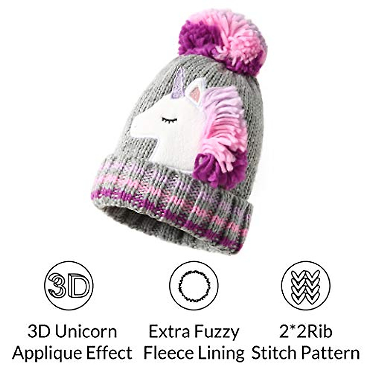 accsa Toddler Kids Girl Novelty Colorful Knit Unicorn Pony Beanie Hat Age 6-9 YRS Grey