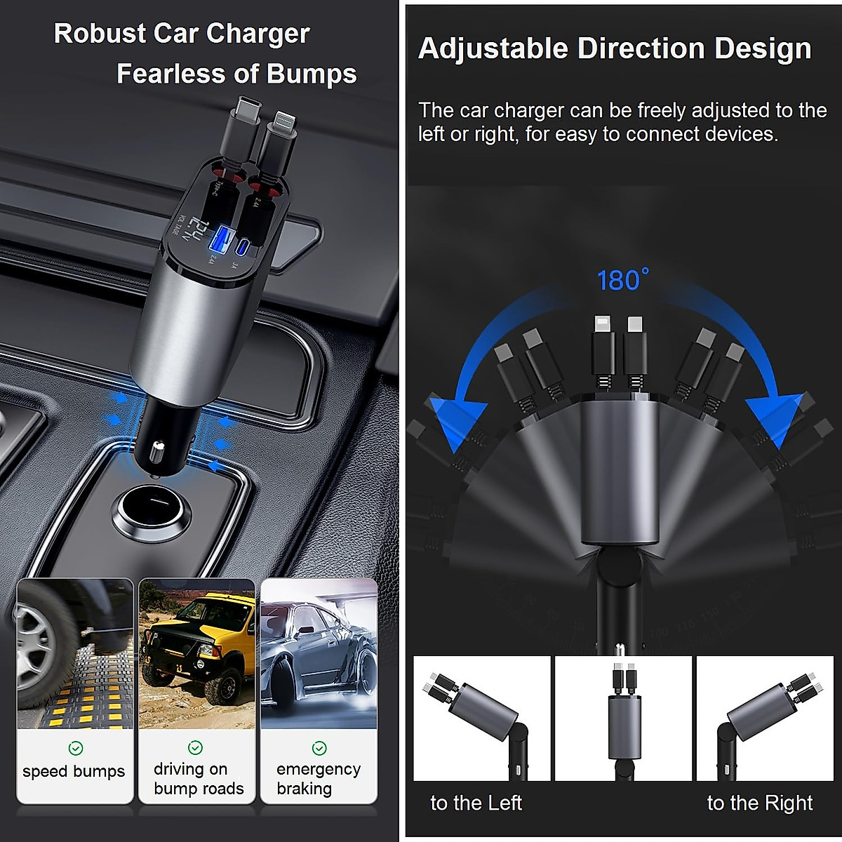 Retractable Car Charger Fast Charging - 66W 4-in-1 USB C Car Phone Charger Cigarette Lighter Adapter Car Charger Compatible with iPhone 15 14 13 12 Pro Max iPad Android Pixel Huawei Tablet