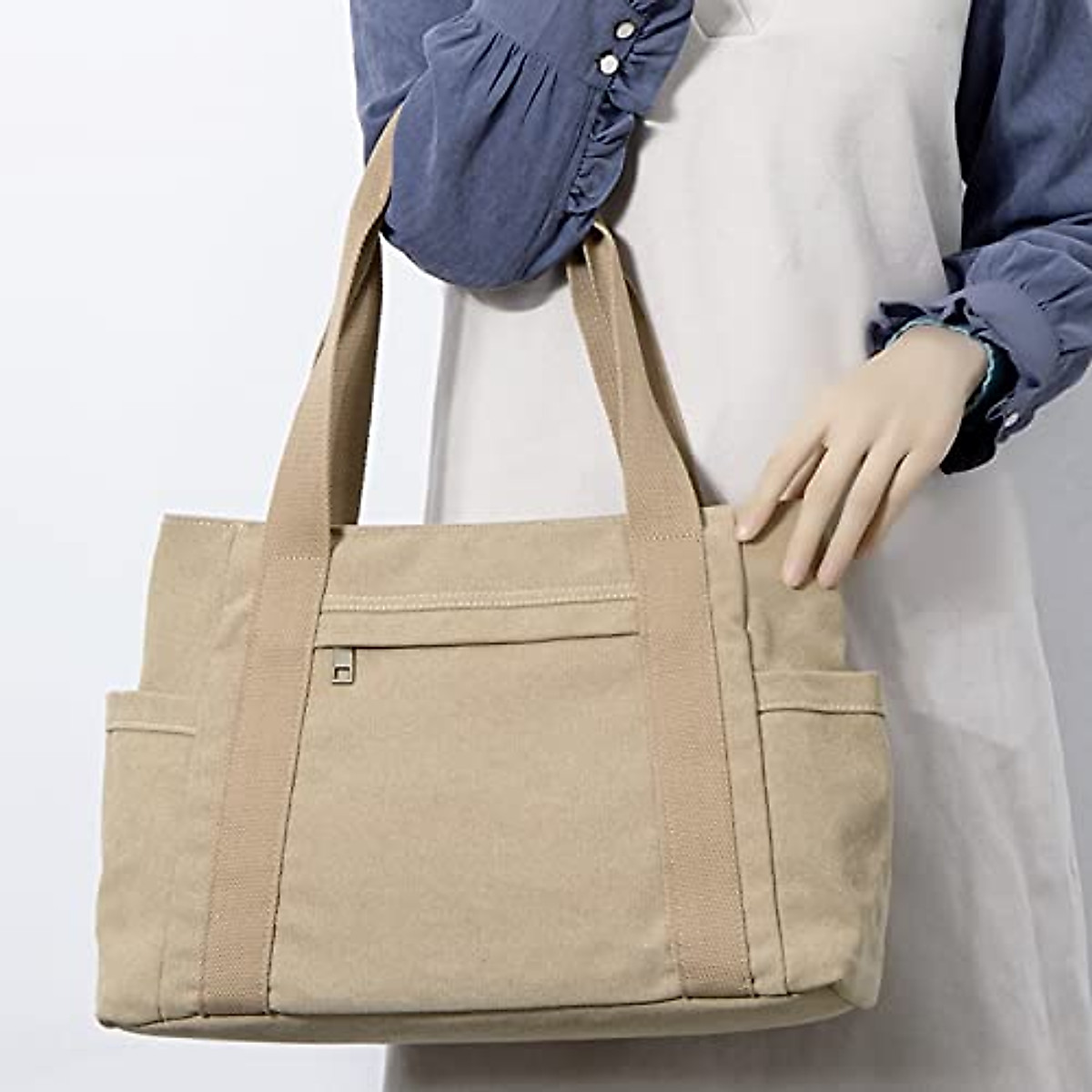 AONIJIE Women's Canvas Tote Shoulder Bag With Multi Pocket, Vintage Medium Work Handbag Lightweight Top Handle Purse with Zipper Fit 13.3 Inch Lapto, Khaki